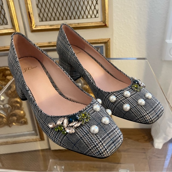 J. Crew | Shoes | J Crew Block Heel Pumps In Embellished Plaid ...